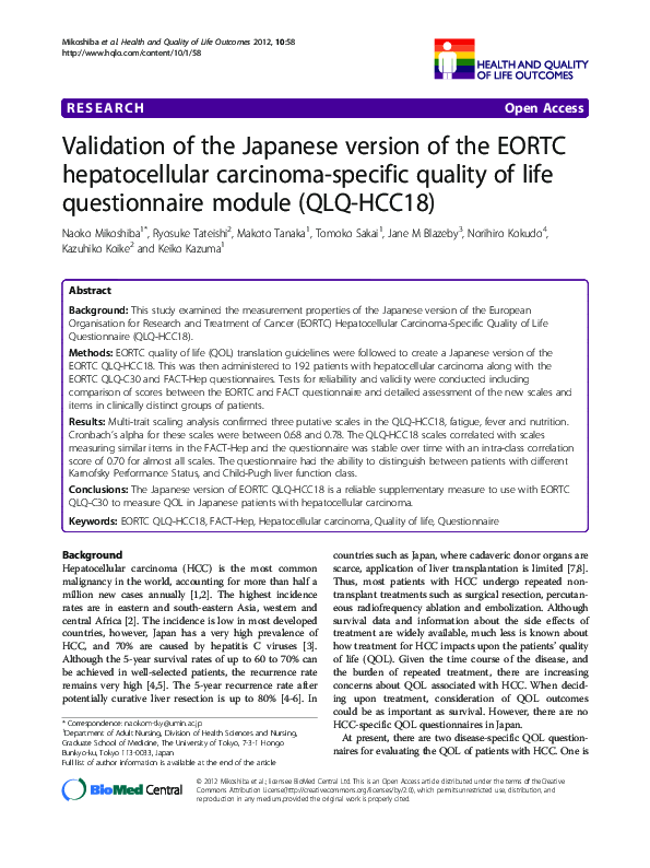 (PDF) Validation of the Japanese version of the EORTC hepatocellular carcinoma-specific quality ...