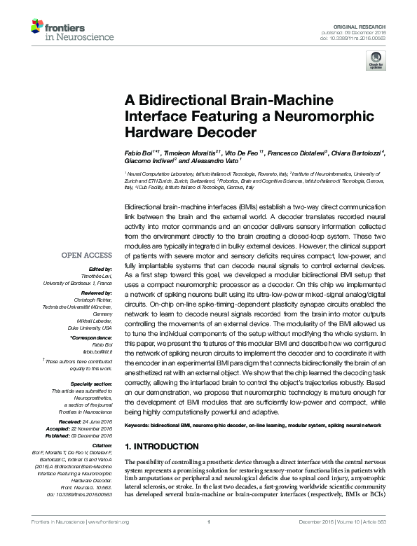 (PDF) A Bidirectional Brain-Machine Interface Featuring a Neuromorphic Hardware Decoder