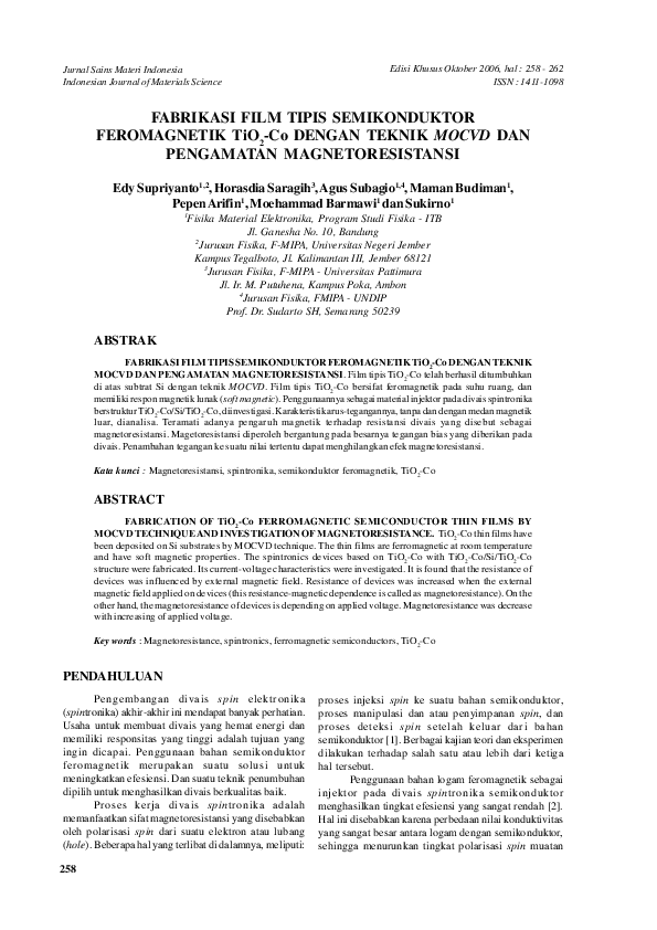 (PDF) FABRIKASI FILM TIPIS SEMIKONDUKTOR FEROMAGNETIK TiO2-Co DENGAN ...