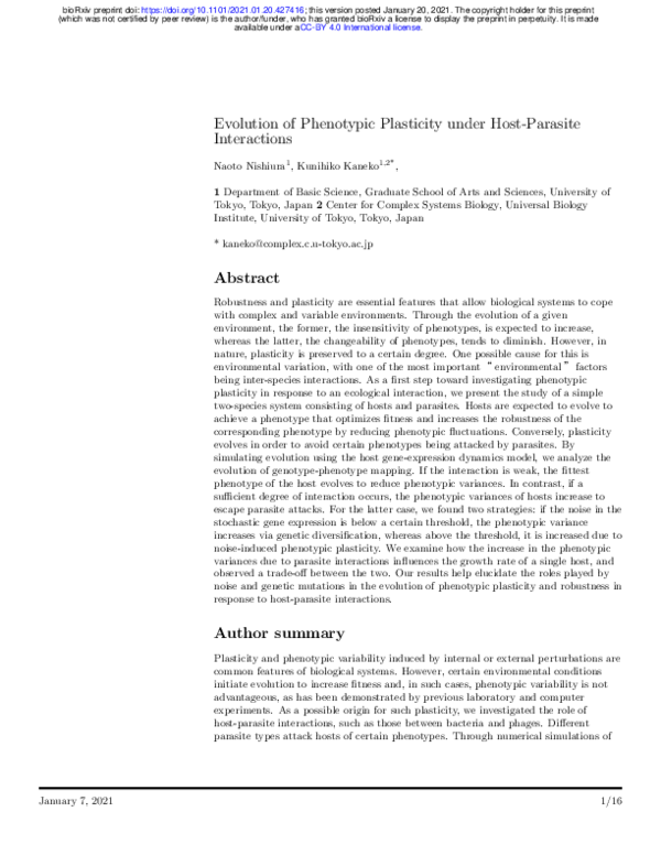 (PDF) Evolution of Phenotypic Plasticity under Host-Parasite Interactions