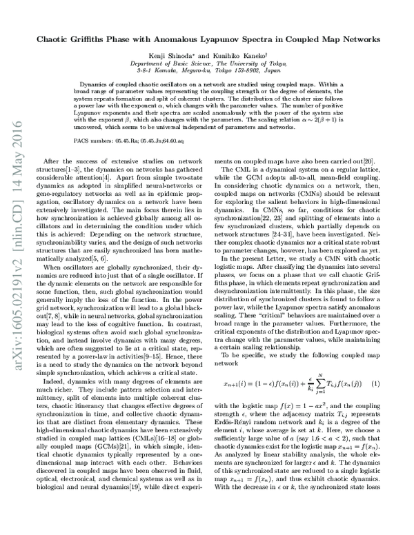 (PDF) Chaotic Griffiths Phase with Anomalous Lyapunov Spectra in Coupled Map Networks