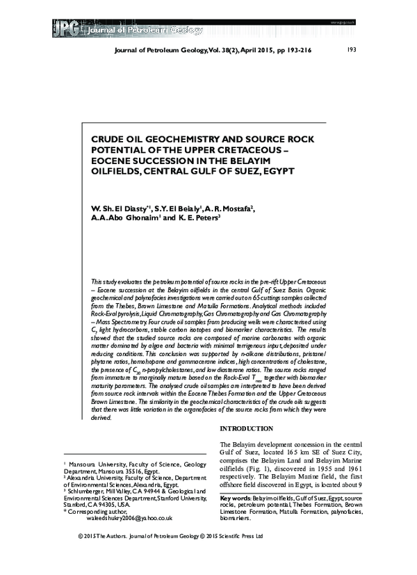 Pdf Crude Oil Geochemistry And Source Rock Potential Of The Upper