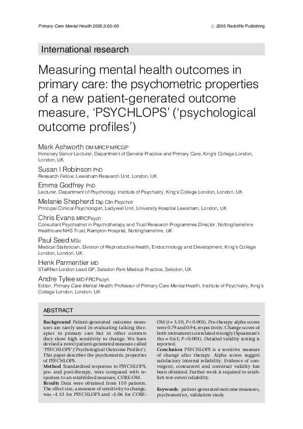 (PDF) Measuring mental health outcomes in primary care: the ...
