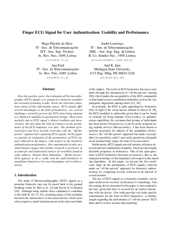(PDF) Finger ECG signal for user authentication: Usability and performance