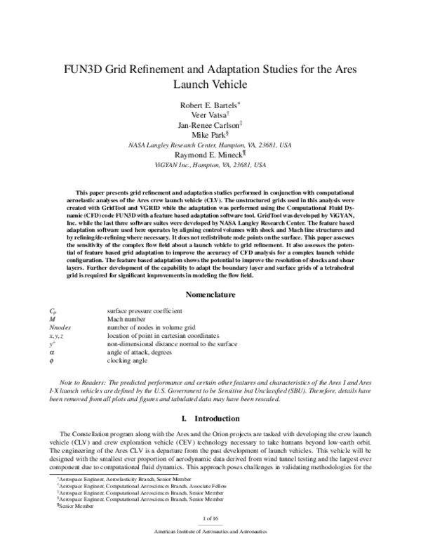 (PDF) FUN3D Grid Refinement and Adaptation Studies for the Ares Launch Vehicle
