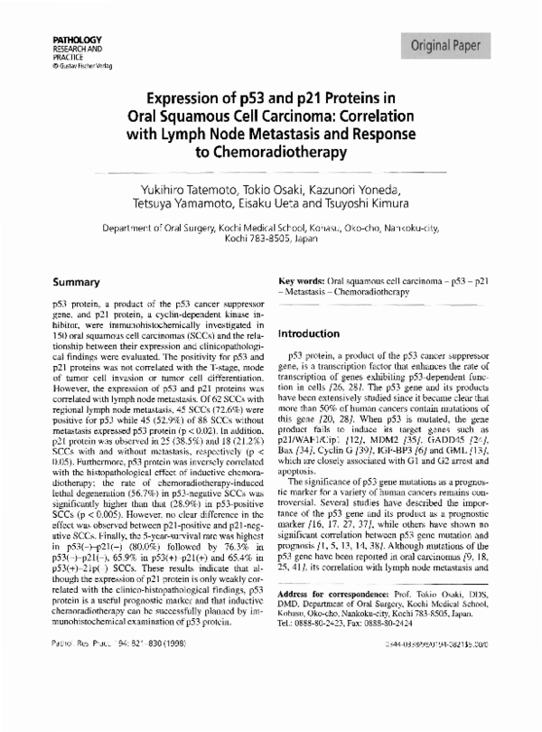 (PDF) Expression of p53 and p21 Proteins in Oral Squamous Cell Carcinoma: Correlation with Lymph ...