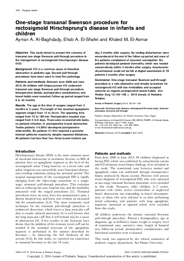 (PDF) One-stage transanal Swenson procedure for rectosigmoid ...