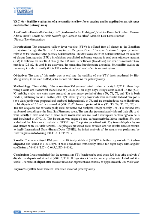 (PDF) Stability evaluation of a reconstitute yellow fever vaccine and ...