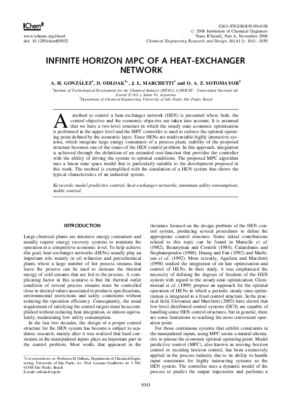 (PDF) Infinite Horizon MPC of a Heat-exchanger Network