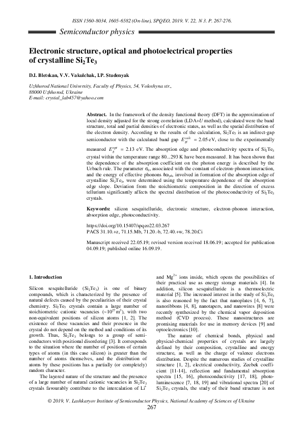 (PDF) Electrical and photoelectrical properties of Si/In–Te heterojunctions