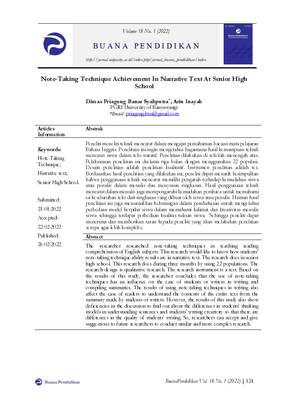 (PDF) Note-Taking Technique Achievement In Narrative Text At Senior ...