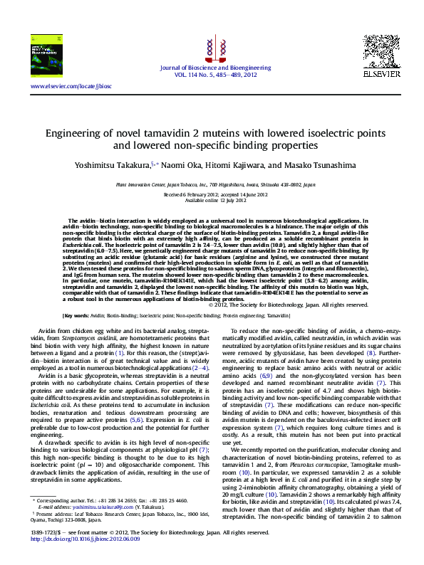 (PDF) Engineering of novel tamavidin 2 muteins with lowered isoelectric ...