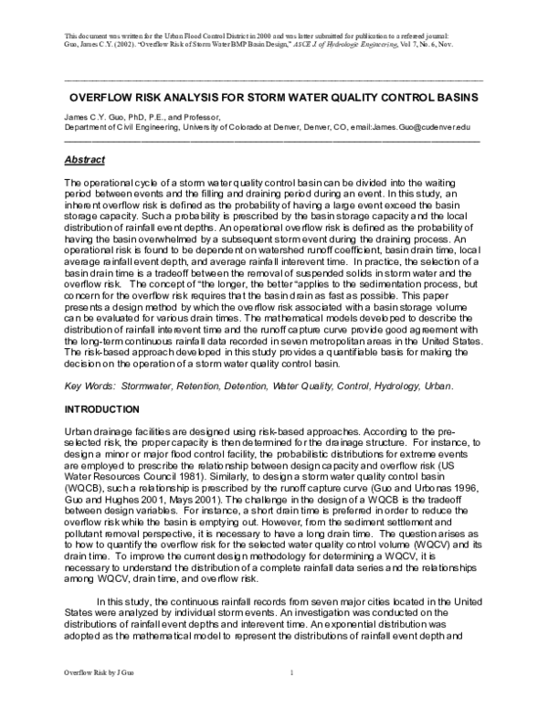 (PDF) Overflow Risk Analysis for Stormwater Quality Control Basins