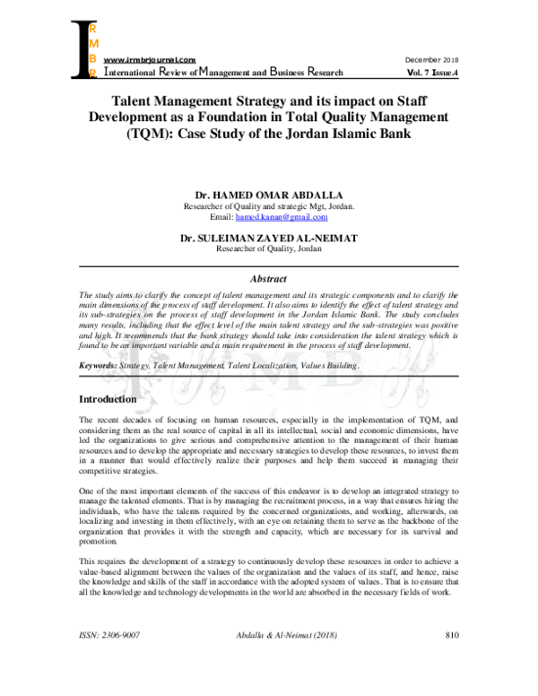 (PDF) Talent Management Strategy and its impact on Staff Development as a Foundation in Total ...