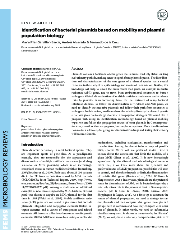 (PDF) Identification of bacterial plasmids based on mobility and ...