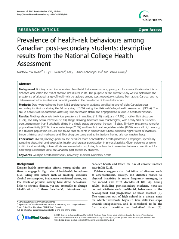 (PDF) Prevalence of health-risk behaviours among Canadian post ...