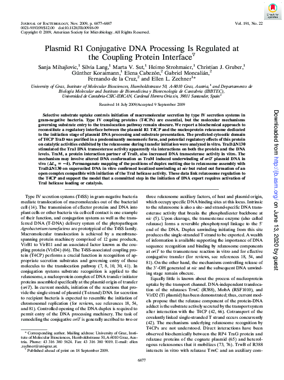 (PDF) Plasmid R1 Conjugative DNA Processing Is Regulated at the ...