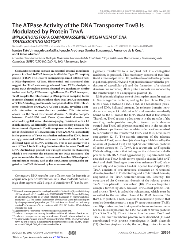 (PDF) The ATPase Activity of the DNA Transporter TrwB Is Modulated by ...