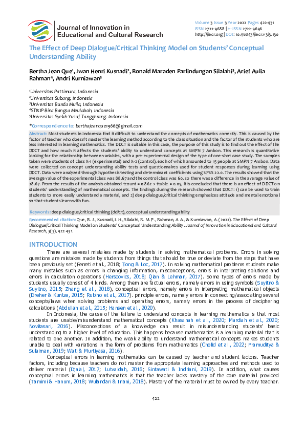 (PDF) The Effect of Deep Dialogue/Critical Thinking Model on Students ...