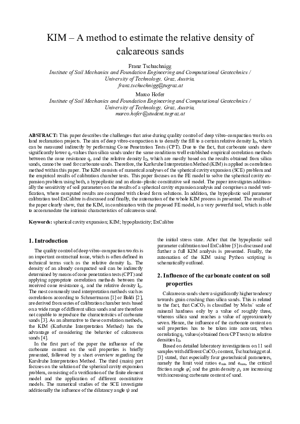 (PDF) KIM – A method to estimate the relative density of calcareous sands