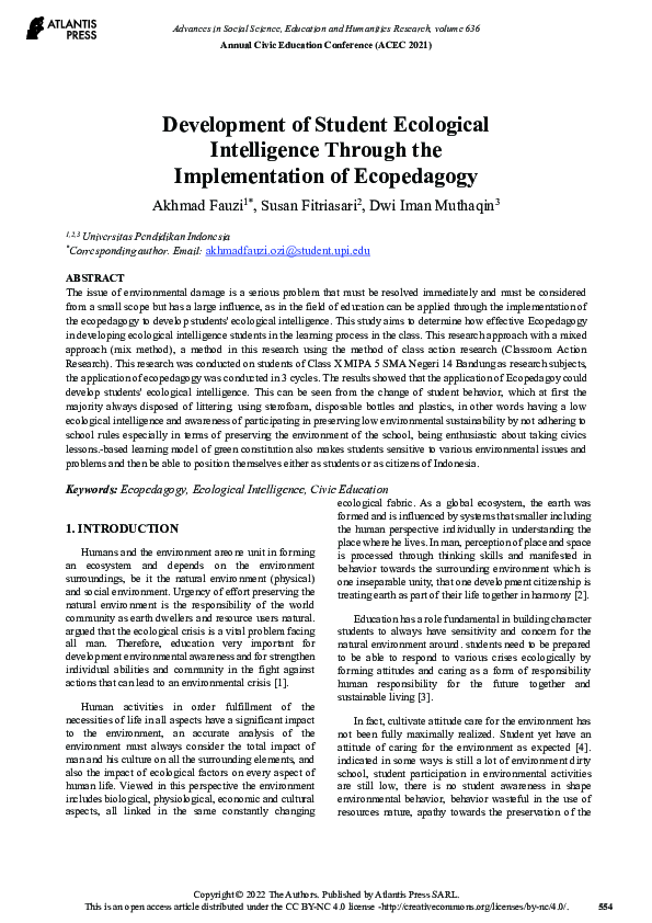 (PDF) Development of Student Ecological Intelligence Through the Implementation of Ecopedagogy