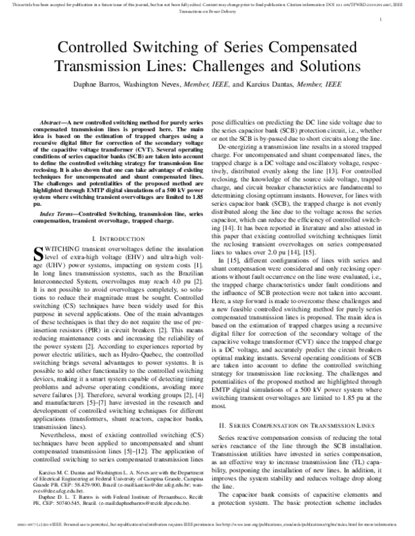 Pdf Controlled Switching Of Series Compensated Transmission Lines Challenges And Solutions