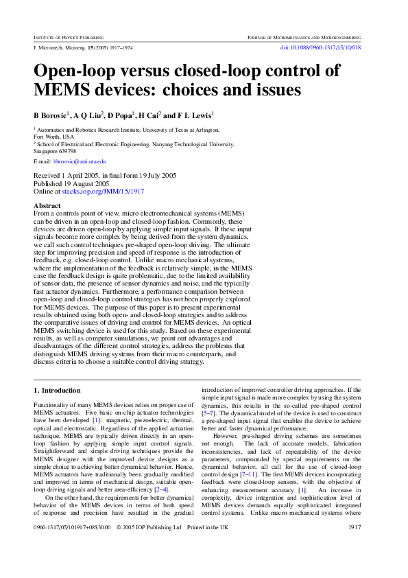 Pdf Open Loop Versus Closed Loop Control Of Mems Devices Choices And