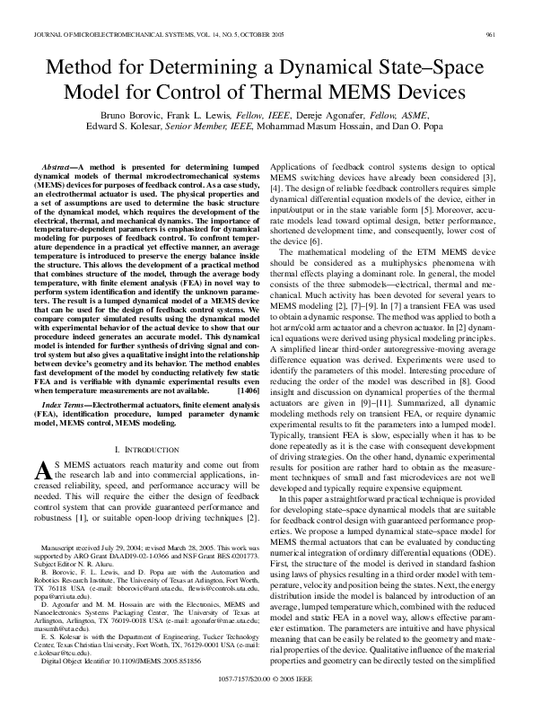 (PDF) Method for Determining a Dynamical State–Space Model for Control of Thermal MEMS Devices