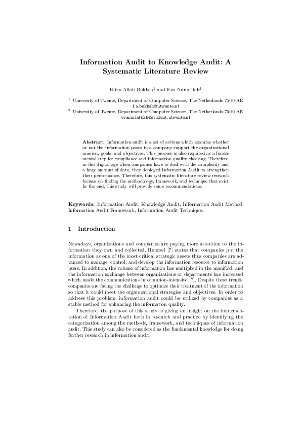 (PDF) Information Audit to Knowledge Audit : A Systematic Literature Review