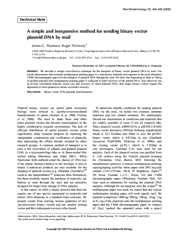 (PDF) A simple and inexpensive method for sending binary vector plasmid ...