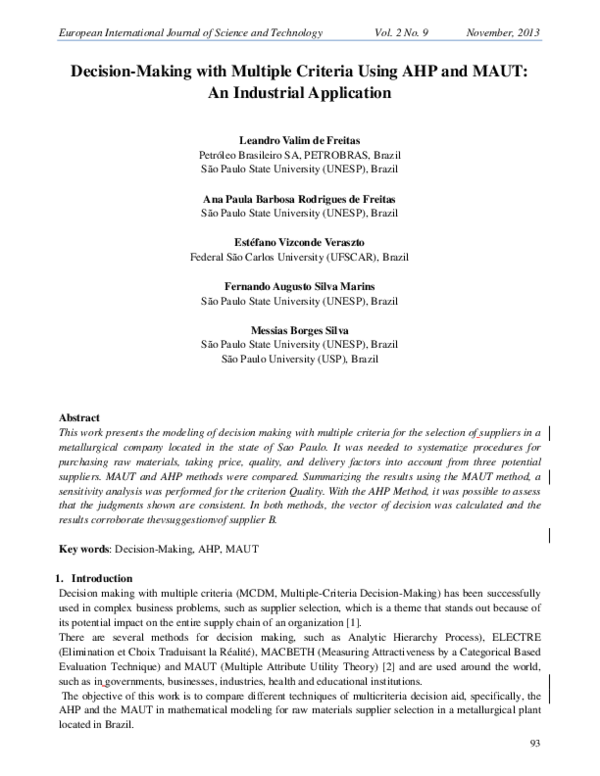 (PDF) Decision-Making with Multiple Criteria Using AHP and MAUT: An ...