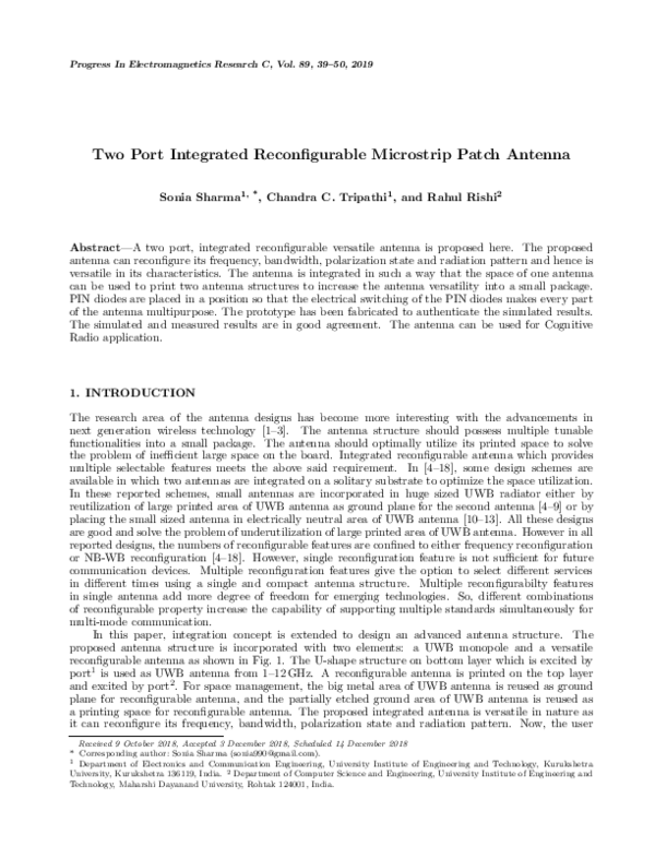 Pdf Two Port Integrated Reconfigurable Microstrip Patch Antenna