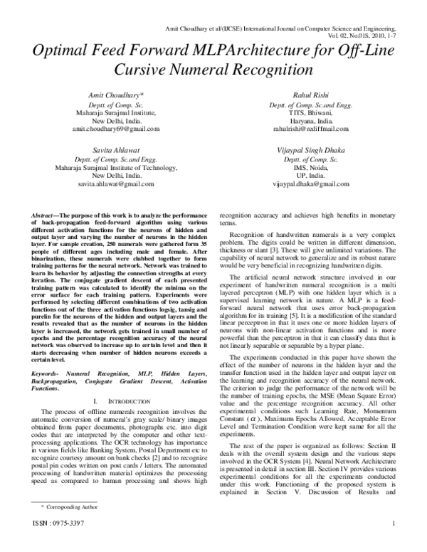 Pdf Optimal Feed Forward Mlparchitecture For Off Line Cursive Numeral