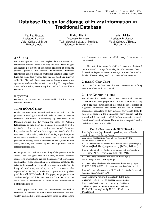 (PDF) Database design for storage of fuzzy information in Traditional Database