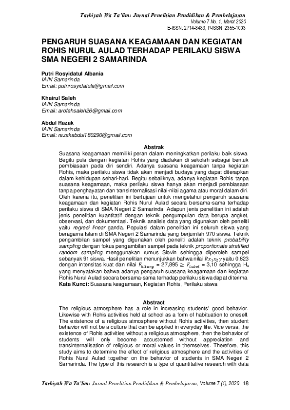 (PDF) Pengaruh Suasana Keagamaan dan Kegiatan Rohis Nurul Aulad Terhadap Perilaku Siswa SMA ...