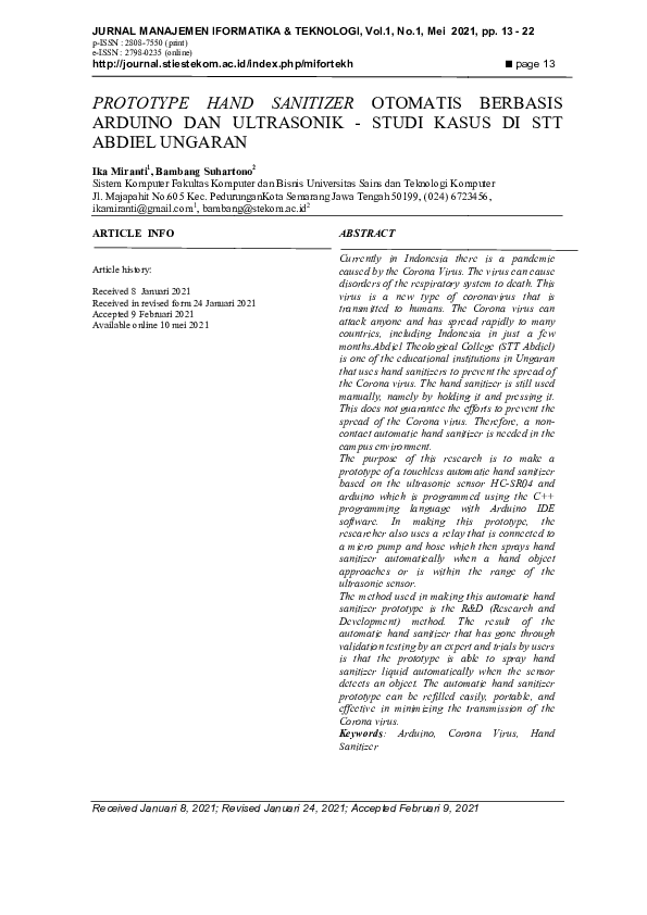 (PDF) Prototype Hand Sanitizer Otomatis Berbasis Arduino Dan Ultrasonik ...