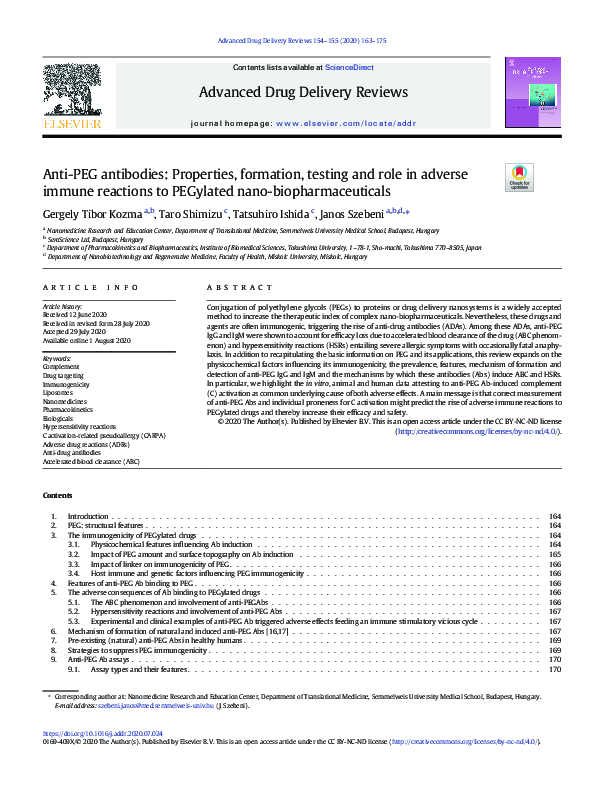(PDF) Anti-PEG antibodies: Properties, formation, testing and role in ...