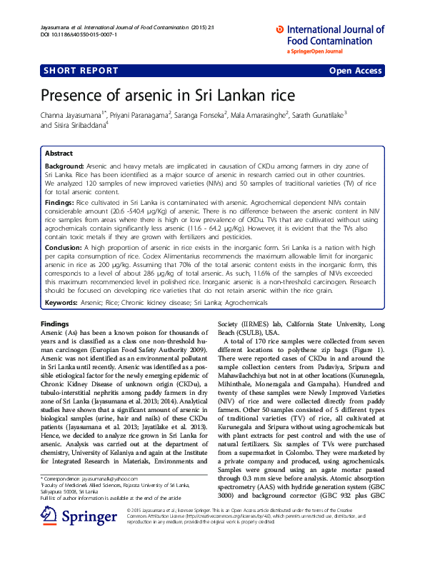 (PDF) Presence of arsenic in Sri Lankan rice