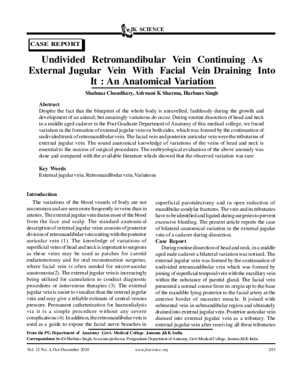 (PDF) Undivided Retromandibular Vein Continuing As External Jugular ...