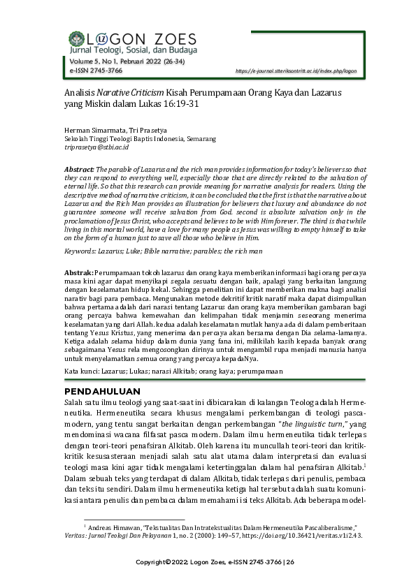 (PDF) Analisis Narative Criticism Kisah Perumpamaan Orang Kaya dan Lazarus yang Miskin dalam ...