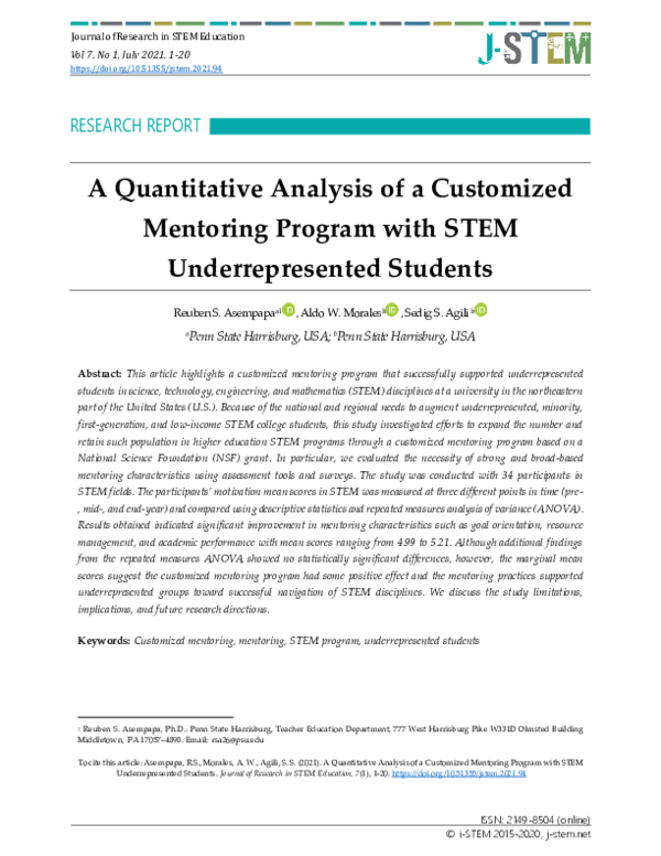 (PDF) A Quantitative Analysis of a Customized Peer Mentoring Program with STEM Underrepresented ...