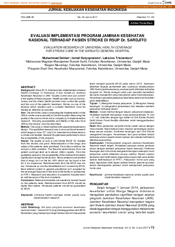 (PDF) Evaluasi Implementasi Program Jaminan Kesehatan Nasional terhadap Pasien Stroke di RSUP Dr ...