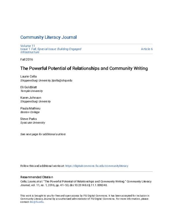 (PDF) The Powerful Potential of Relationships and Community Writing