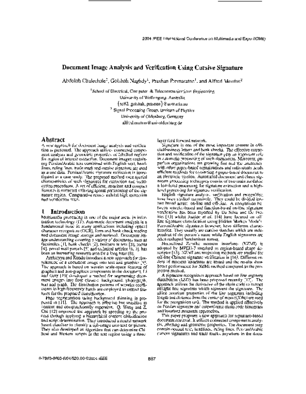 (PDF) Document image analysis and verification using cursive signature