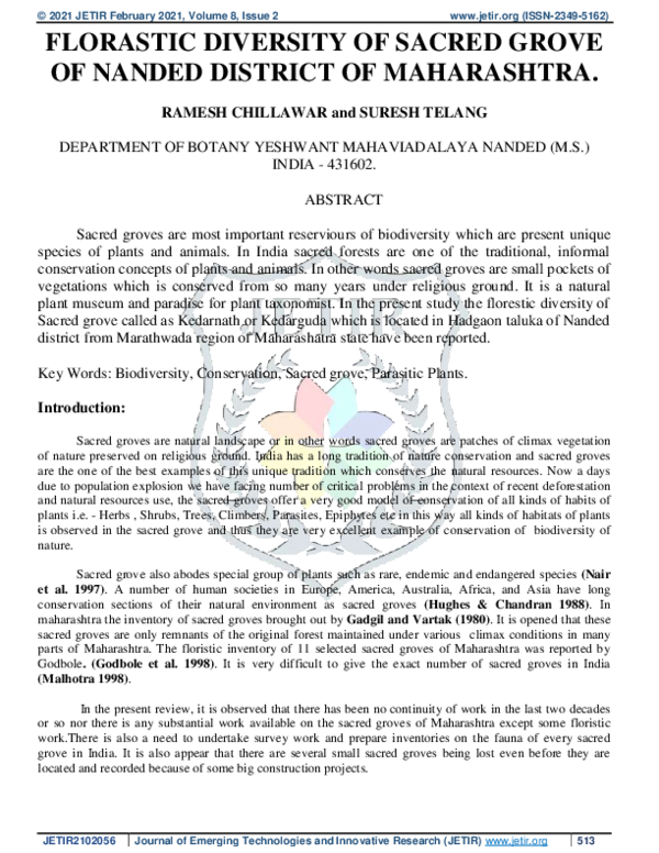 (PDF) Florastic Diversity of Sacred Grove of Nanded District (M.S.) India