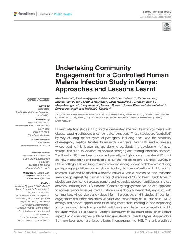 (PDF) Undertaking Community Engagement for a Controlled Human Malaria ...