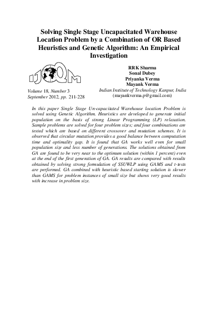 (PDF) Solving Single Stage Uncapacitated Warehouse Location Problem by ...