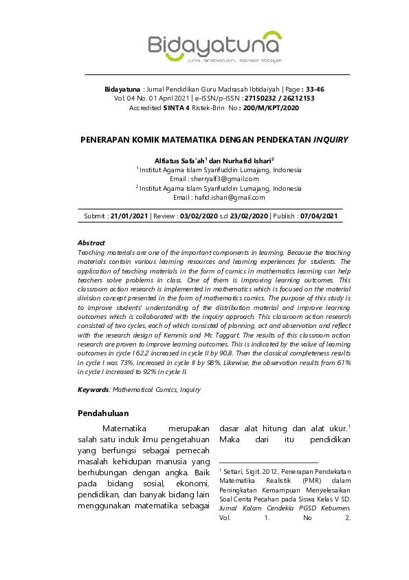 (PDF) Penerapan Bahan Ajar Komik Matematika Materi Konsep Pembagian dengan Pendekatan Inquiry