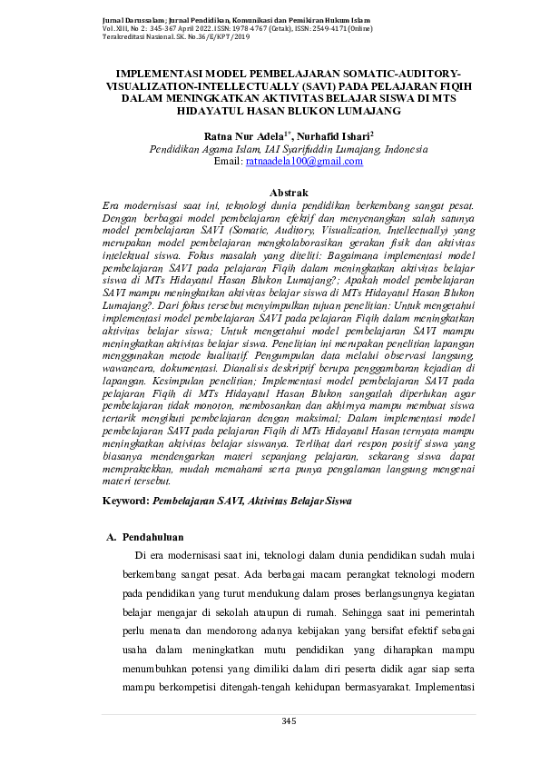 (PDF) Implementasi Model Pembelajaran Somatic-Auditory-Visualization-Intellectually (Savi) Pada ...