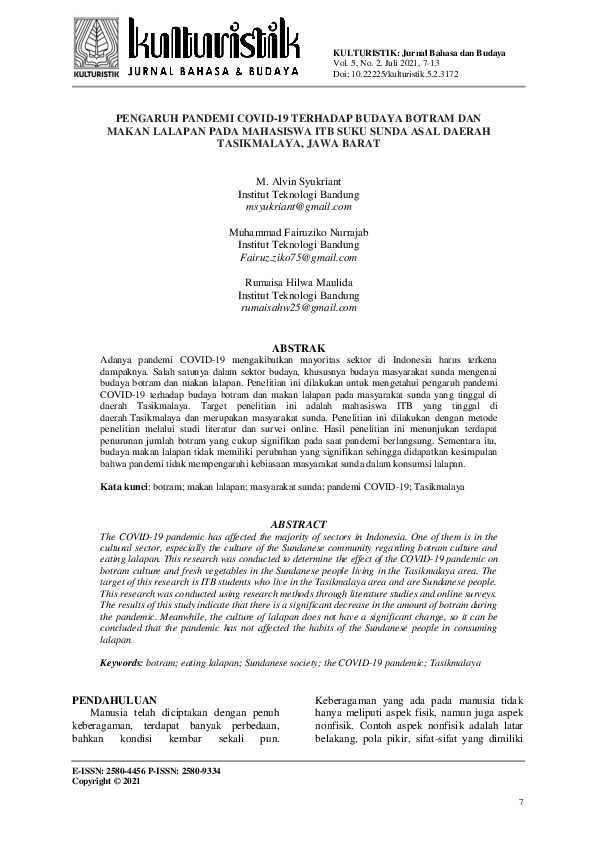 (PDF) Pengaruh Pandemi COVID-19 Terhadap Budaya Botram Dan Makan Lalapan Pada Mahasiswa Itb Suku ...